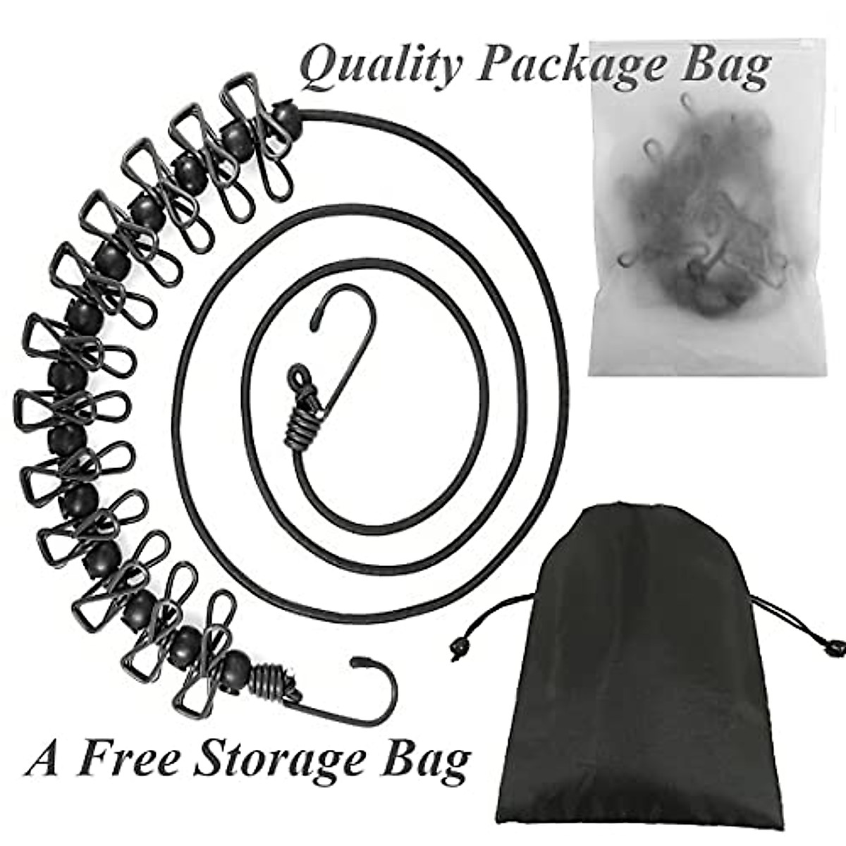 Portable Clothesline with 12pcs Clips, Windproof Travel Camping Clothes line Retractable Elastic Laundry Drying Clothes Line for Backyard, Hotel, Outdoor and Indoor Use, 2 Pack (Black+Blue)