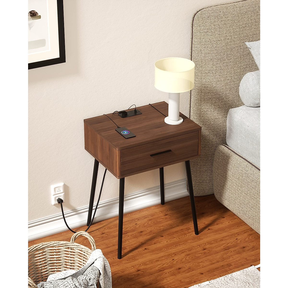 HAIOOU Set of 2 Mid Century Nightstand with Charging Station, End Table Modern Side Table One Drawer with Premium Matte Black Handle and Pine Wood Legs for Home Bedroom Living Room