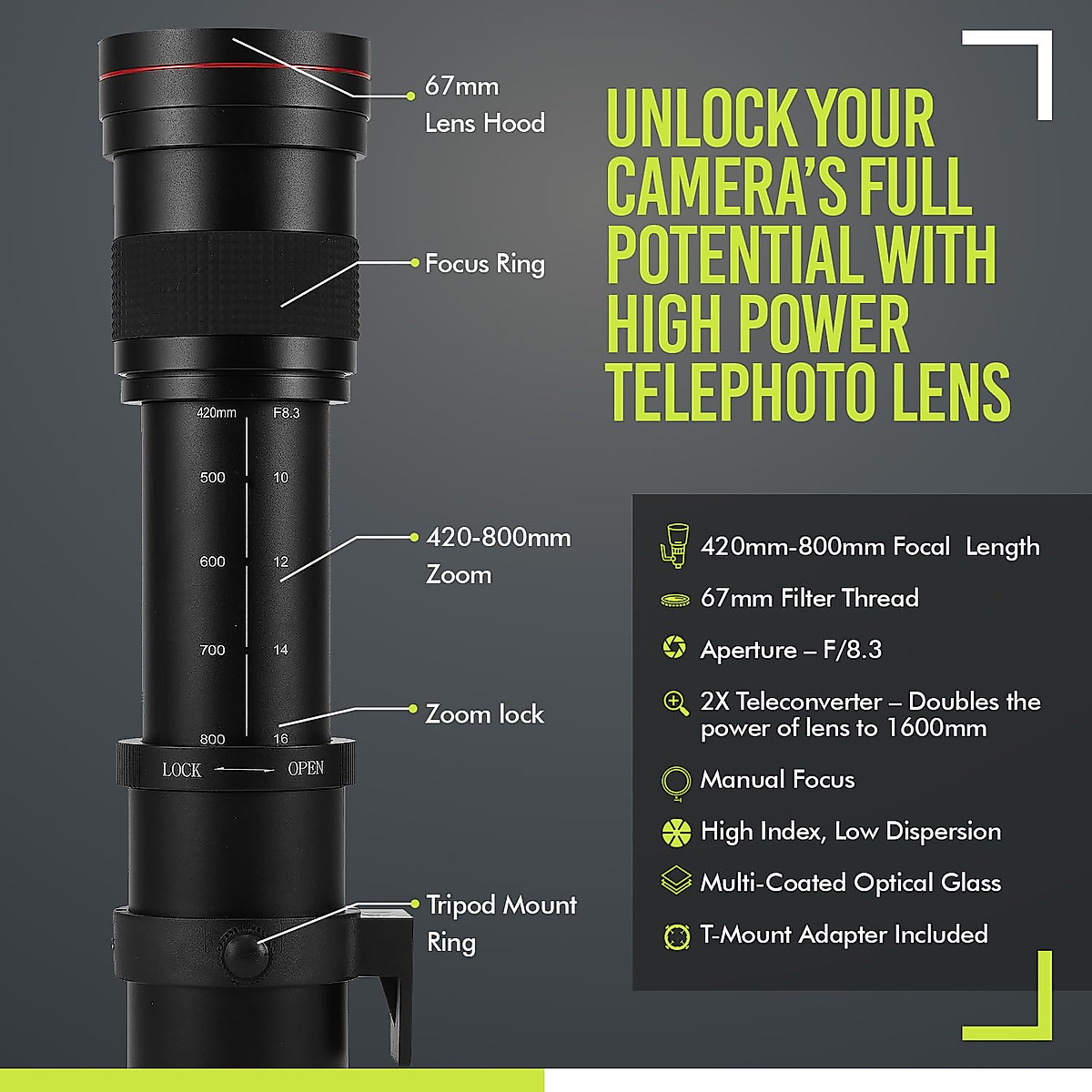 High-Power 420-1600mm f/8.3 HD Manual Telephoto Zoom Lens for Canon T1i T2i T3 T3i T4 T4i T5 T5i T6 T6i T6s T7 T7i T7s T8i EOS 1D 5D 6D 7D 30D 40D 50D 60D 70D 80D 90D XS XSI SL3 SL2 SL1