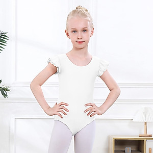 YgneeDom Girls Leotard Ruffle Short Sleeve Crisscross Back for Dance Gymnastics Ballet 3-12 Years(White,5-6)