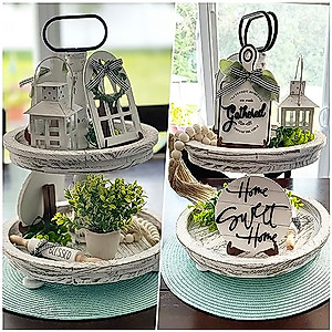 Houmury Set of 16 Farmhouse Tiered Tray Decor with 1 Lantern Artificial Plant& Cutting Board Sign for Rustic Home Sweet Home Kitchen Decor Tier Tray Decor Set