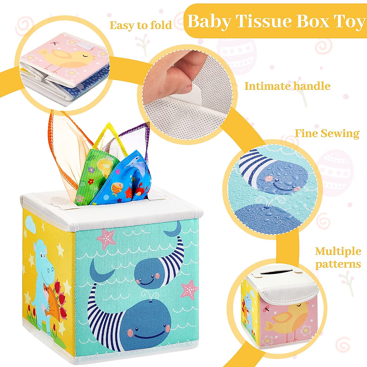 Civaner Baby Tissue Box Toy Montessori Toys for Babies 6-12 Months Cute Crinkle Soft Infant Sensory Toys for Baby Toddlers Boys Girls Educational Sensory Early Learning Gifts