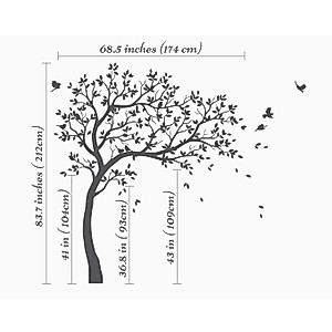 Large Tree Wall Decals Nursery Tree Stickers with Birds Stunning Tree Wall Art Mural Vinyl Wall Decor KW032 (Leaning Right, White)