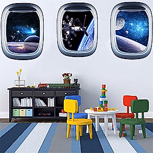 3D Space Capsule Window Wall Stickers Universe Outer Space Wall Decals，Peel and Stick Removable Astronaut Decal for Bedroom Living Room Kids Room Door Home Decor(Each pcs: 23" x 17")