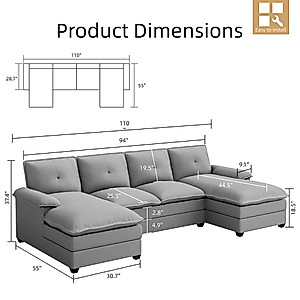 JAMFLY Sectional Couches for Living Room, U-Shaped Couch 4 Seat Sofas with Double Chaises, Modular Sectional Sofa Set for Apartment Furniture for Apartment, Light Grey