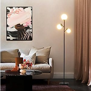 Fiqevs 3 Globe Modern Black Floor Lamp, Mid Century Contemporary Standing Lamp with Sphere Frosted Glass Shade and 3pcs 3000K LED Bulbs, LED Tall Floor Lamp for Living Room, Office, Hotel