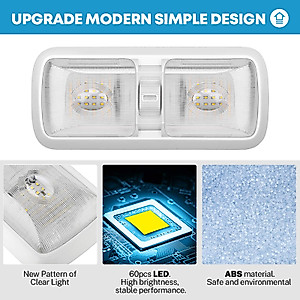 Kohree Upgrade 1000 Lumen Led RV Ceiling Double Dome Light Fixture, 5 Pack 12V Camper Interior Lighting with ON/Off Switch for Trailer RV Car Boat, Clear Cover (Natural White 4000-4500K, 60 X 5050SMD)