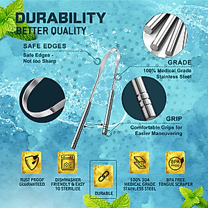 GTEX Tongue Scraper (3 Pack) with Travel Pouch - Medical Grade 100% Stainless Steel Metal Tongue Cleaner for Adults and Kids - 3 Tounge Scrapers