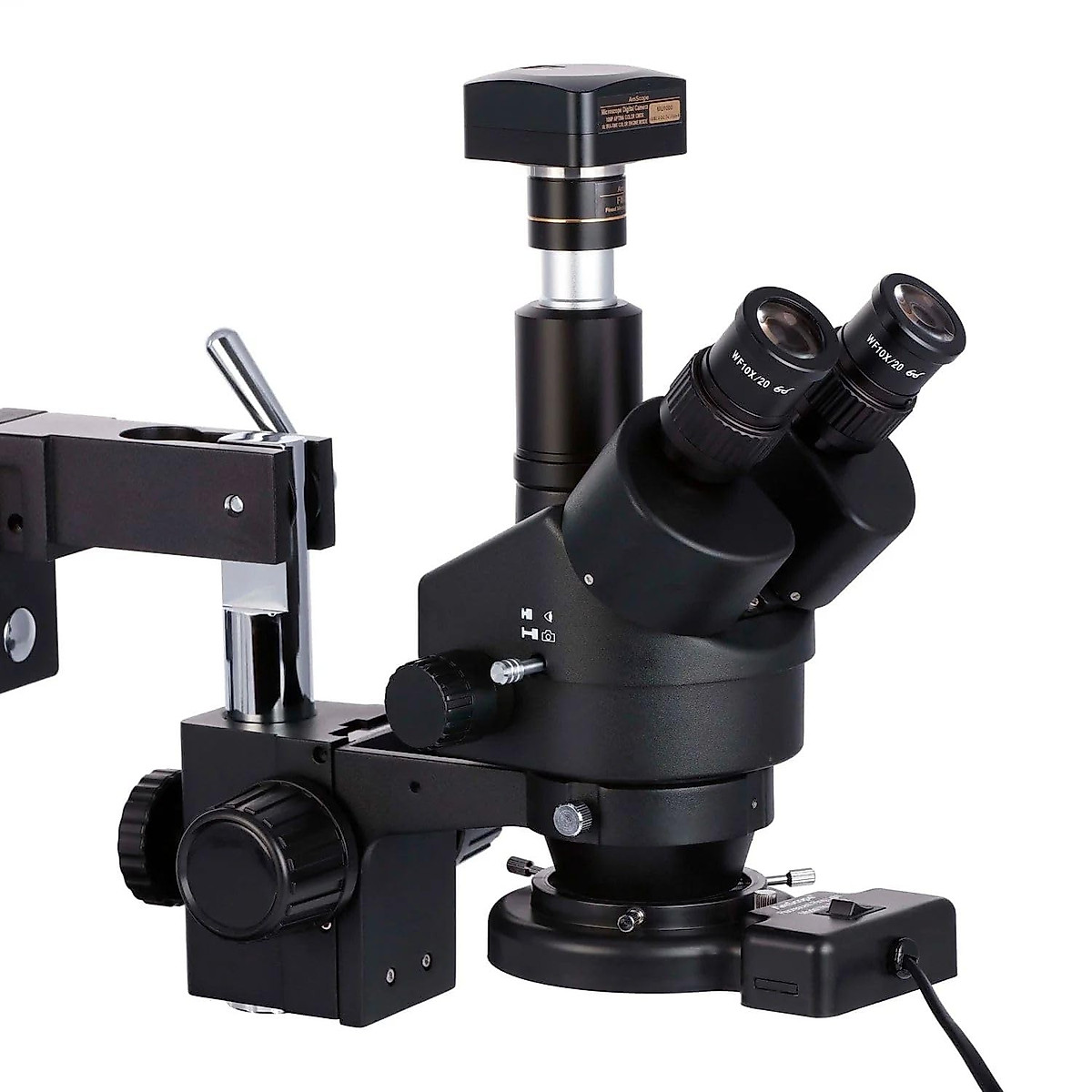 AmScope SM-4TZ-FRL-MB Digital Professional Trinocular Stereo Zoom Microscope, WH10x Eyepieces, 3.5X-90X Magnification, 0.7X-4.5X Zoom Objective, 8W Fluorescent Ring Light, Double-Arm Boom Stand, 110V-120V, Includes 0.5X and 2.0X Barlow Lenses and 1.3MP Ca