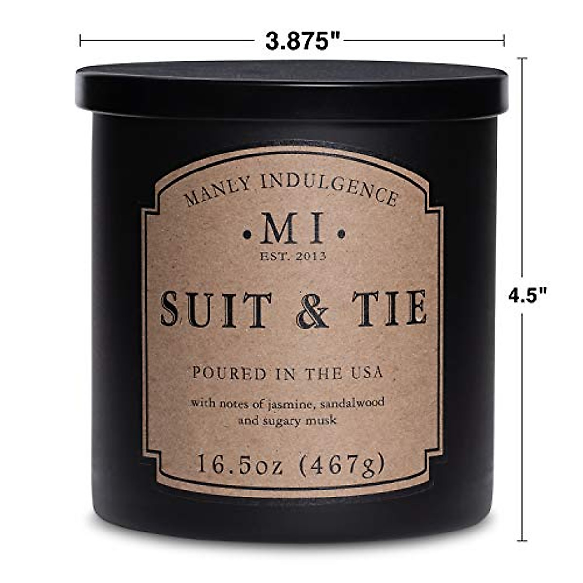 Manly Indulgence Suit & Tie Scented Jar Candle, Cotton Wick, Premium Soy Blend White Wax, 60 hr Burn, Matte Black Jar Candle for Home and Men, 16.5 oz - USA Poured
