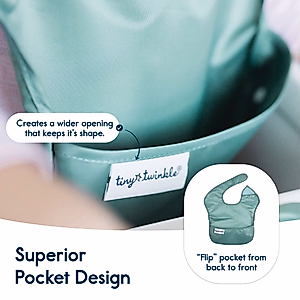 Tiny Twinkle Mess-Proof Baby Bib - Waterproof Bib for Baby Boy or Girl - Machine Washable - Adjustable Closure - PVC, BPA, & Phthalate Free - Great for Travel - Baby Food Bibs (3 Pack, Slate, Olive)