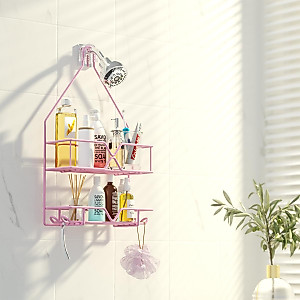 TreeLen Pink Shower Caddy Over Shower Head, Pink Bathroom Accessories, Gift for Girlfriend, Wife, Little Girl