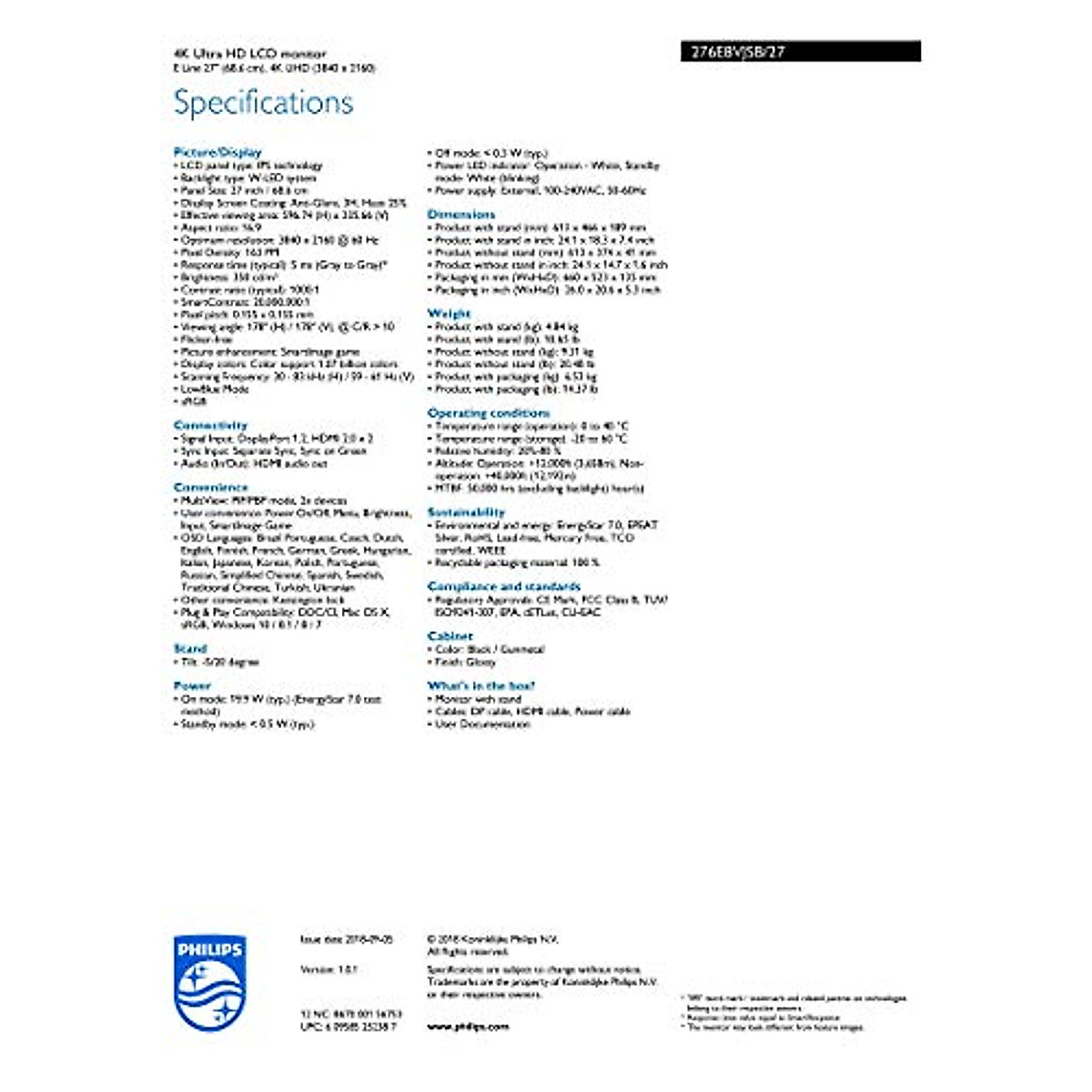 Philips 276E8VJSB 27" Monitor, 4K UHD IPS, 1 Billion+ Colors, Ultranarrow Borders, Lowblue, Multiview, 4Yr Advance Replacement Warranty