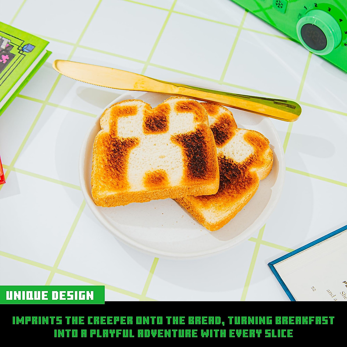 Minecraft Green Creeper 2-Slice Toaster For Bagels, Waffles, and Breads | Features 6 Settings With Defrost Option | Imprints Creeper Symbol On Bread