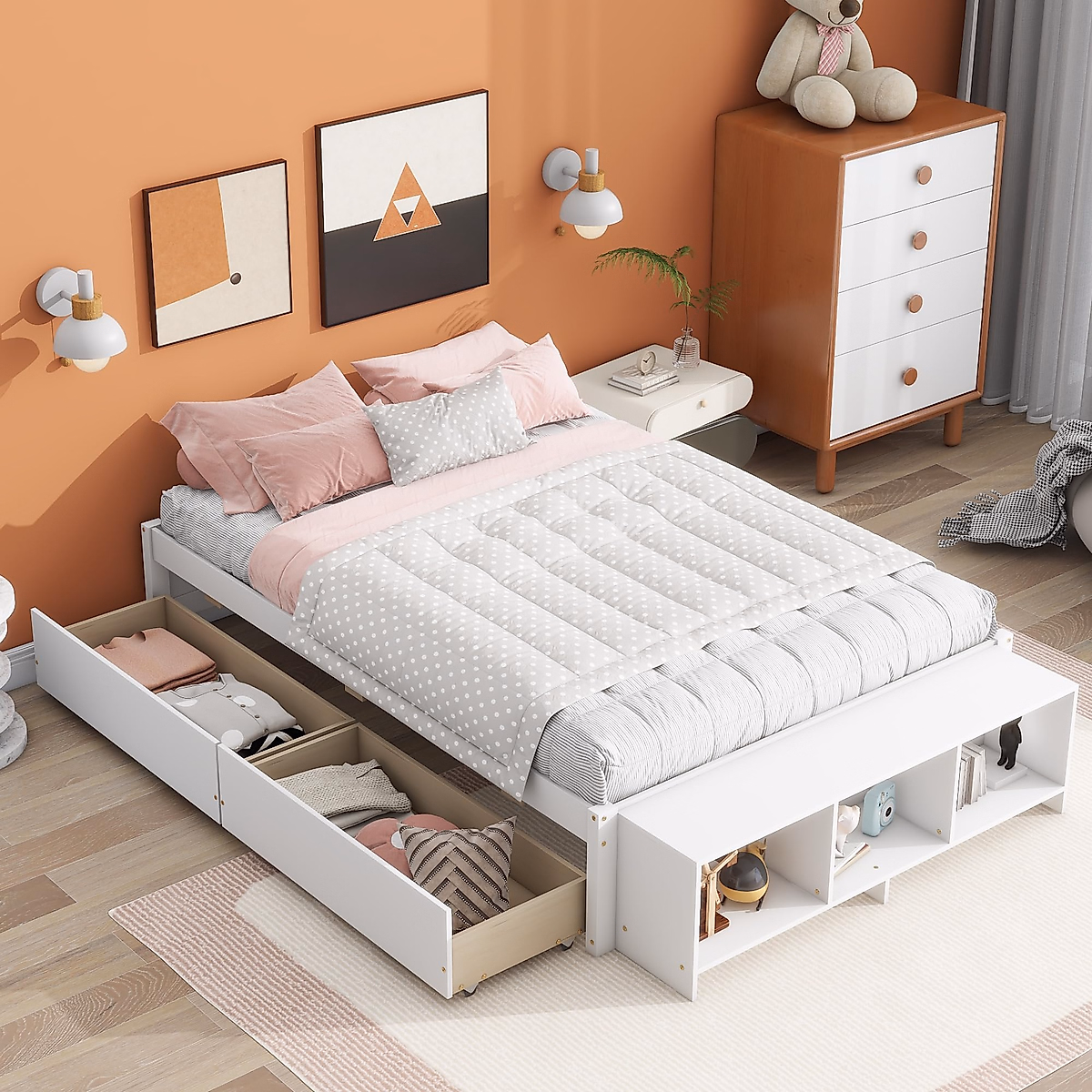 Harper & Bright Designs Full Size Platform Bed with 2 Storage Drawers, Wood Full Size Bed Frame with Storage Case, Full Storage Bed with Wood Slats Support for Bedroom, No Box Spring Needed, White