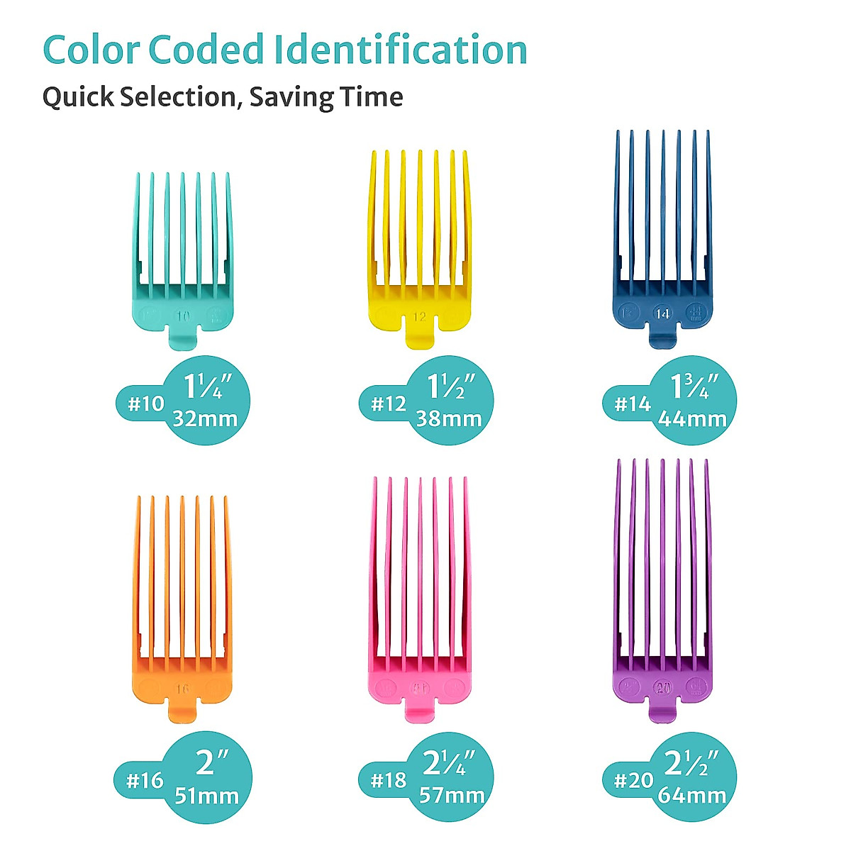 6 Professional Extra Long Hair Clipper Guards Cutting Guides Fits for Most Wahl Clippers, Color Coded Clipper Guards Replacement - 1.25", 1.5", 1.75", 2", 2.25" & 2.5" (#10, 12, 14, 16, 18, 20)