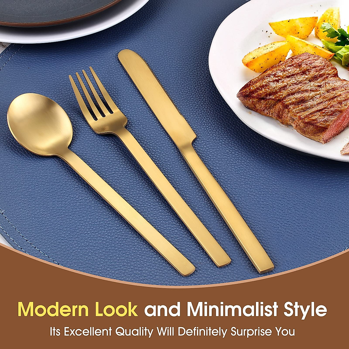 Matte Gold Silverware Set，OPOLIA 30-Piece Stainless Steel Flatware Cutlery Set for 6，Stain Finish Tableware Eating Utensils, Food Grade, Dishwasher Safe