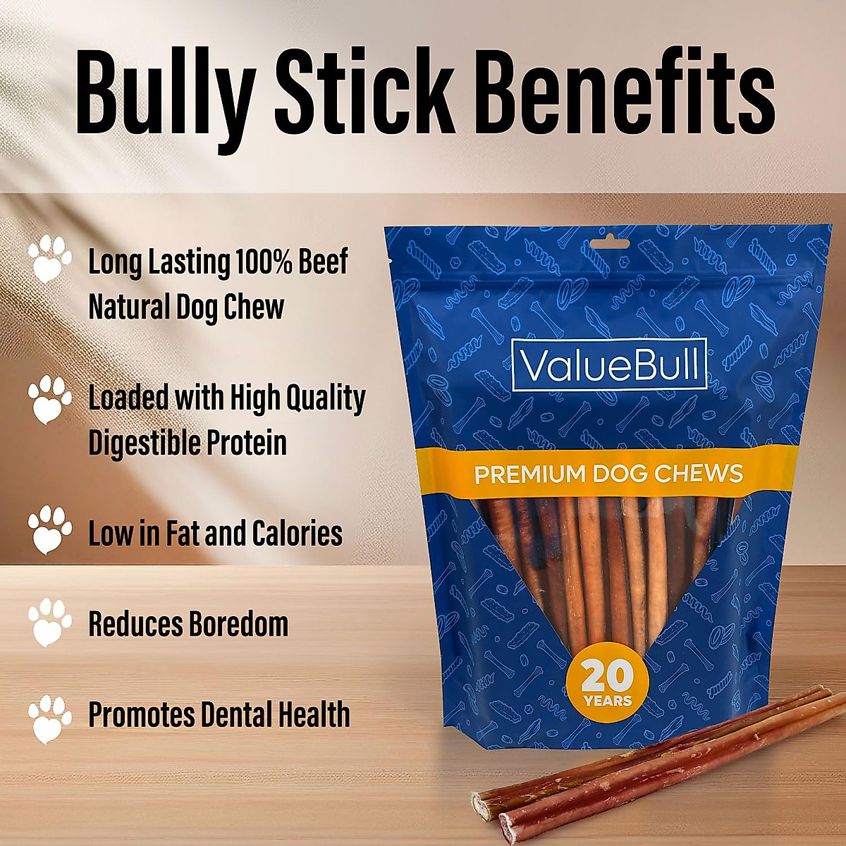 ValueBull Bully Sticks for Dogs, Medium 12 Inch, 50 Count - All Natural Dog Treats, 100% Beef Pizzles, Single Ingredient Rawhide Alternative
