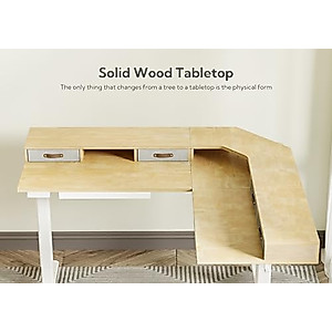 INNOVAR Triple Motor L Shaped Standing Desk with Drawers, Solid Wood Adjustable Corner Stand Up Desk, 63" Electric Standing Desk for Home Office, White Frame/Nature Top