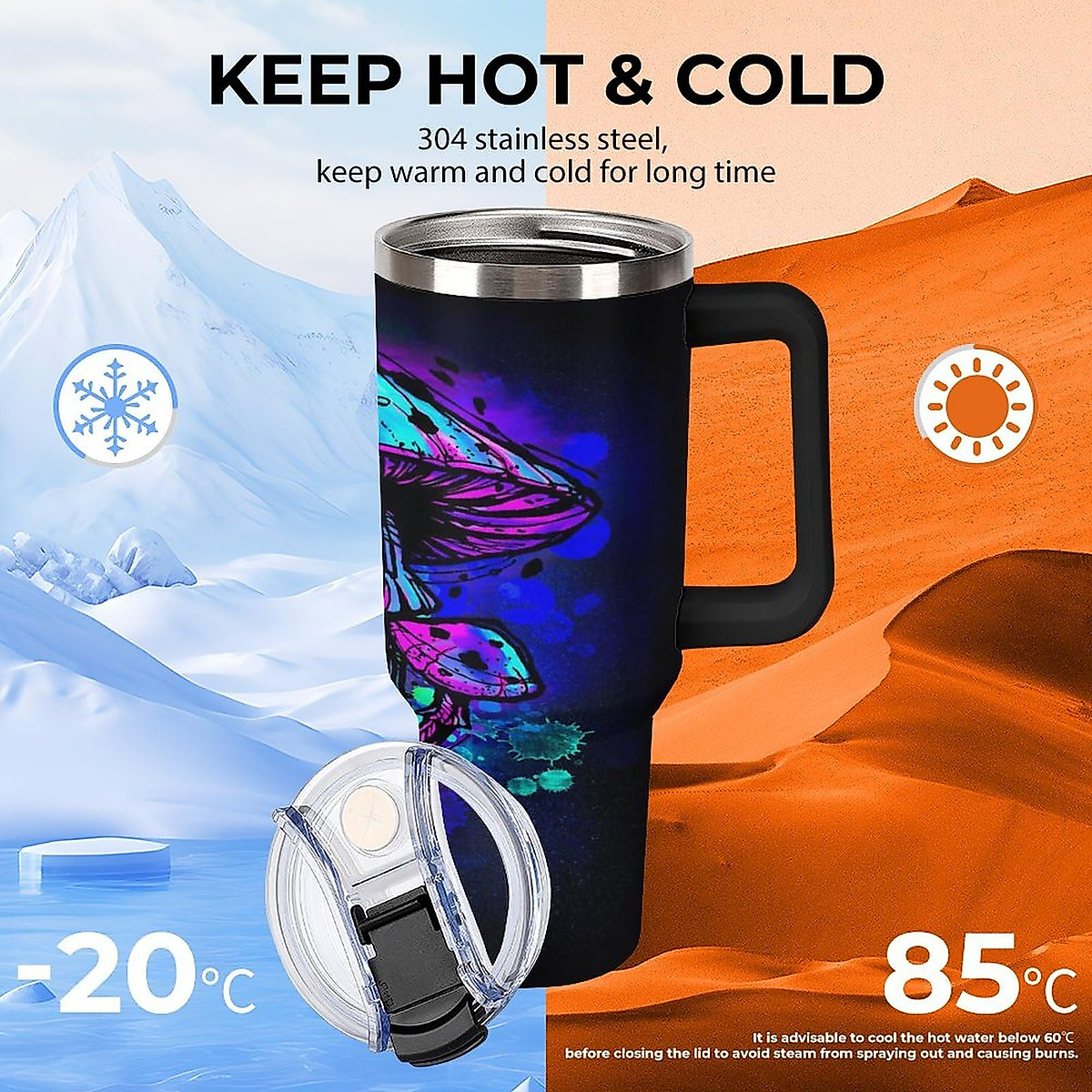 40oz Insulated Tumbler with Handle & Straw Stainless Steel Vacuum Sealed Water Bottle Leakproof Travel Mug for Car, Outdoor & Home BPA-Free Double Wall Cold Hot Beverage Thermos Sewant mushrooms