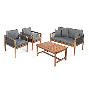 JONATHAN Y LVG1202C-4SET Tavira 4-Piece Modern Bohemian Acacia Wood Outdoor Patio Set with Cushions and Plain Decorative Pillows Coastal, Contemporary, Transitional, Rustic, Cottage, Gray/Teak Brown