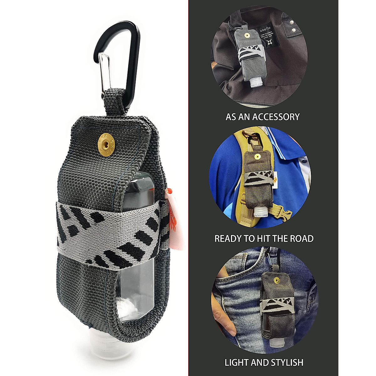 SUCHI Travel Size Hand Sanitizer Holder,Bottle Case and Carabiner Carrier bag-Portable Mini Waist Bag for Liquids Clip On Belt Loop,Backpack and Purse-Includes Empty 60ml/ 2 oz Reusable Bottle (Gray)