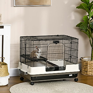 PawHut 26" Small Animal Cage with Wheels, 2-Level Portable Bunny Cage, Chinchilla Ferret Cage with Removable Tray, Platform and Ramp