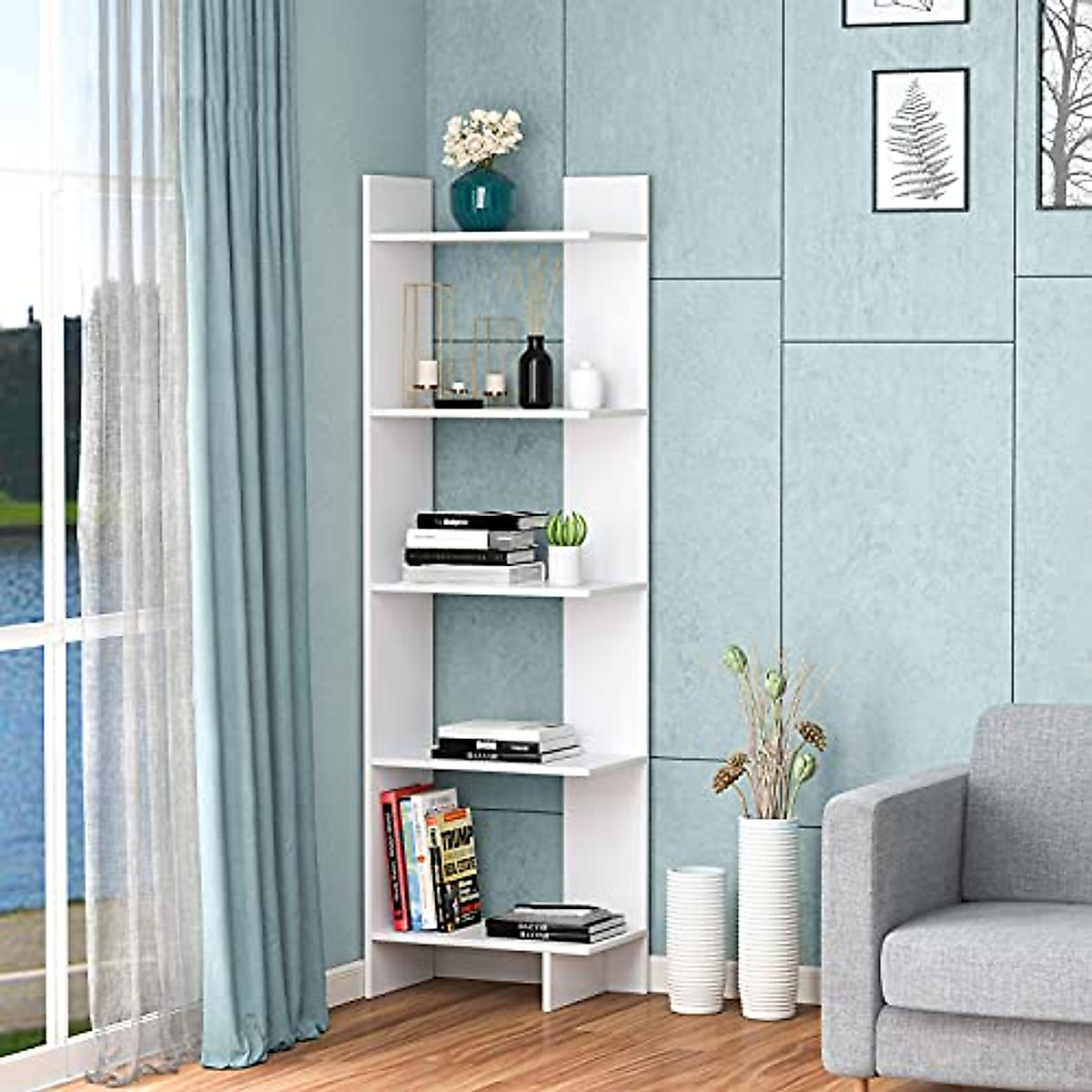 Tangkula 5-Shelf Bookcase, Room Divider and Display Shelf, Freestanding Decorative Storage Shelving, Wooden Bookshelf for Home Living Room Office Bedroom, Room Divider Bookshelf (White, 1)