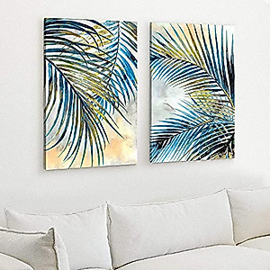 SunFlax Palm Tree Canvas Wall Art: Tropical Leaves Picture Nature Modern Botanical Artwork Abstract Plant Print Teal Watercolor Painting for Living Room Bathroom Bedroom