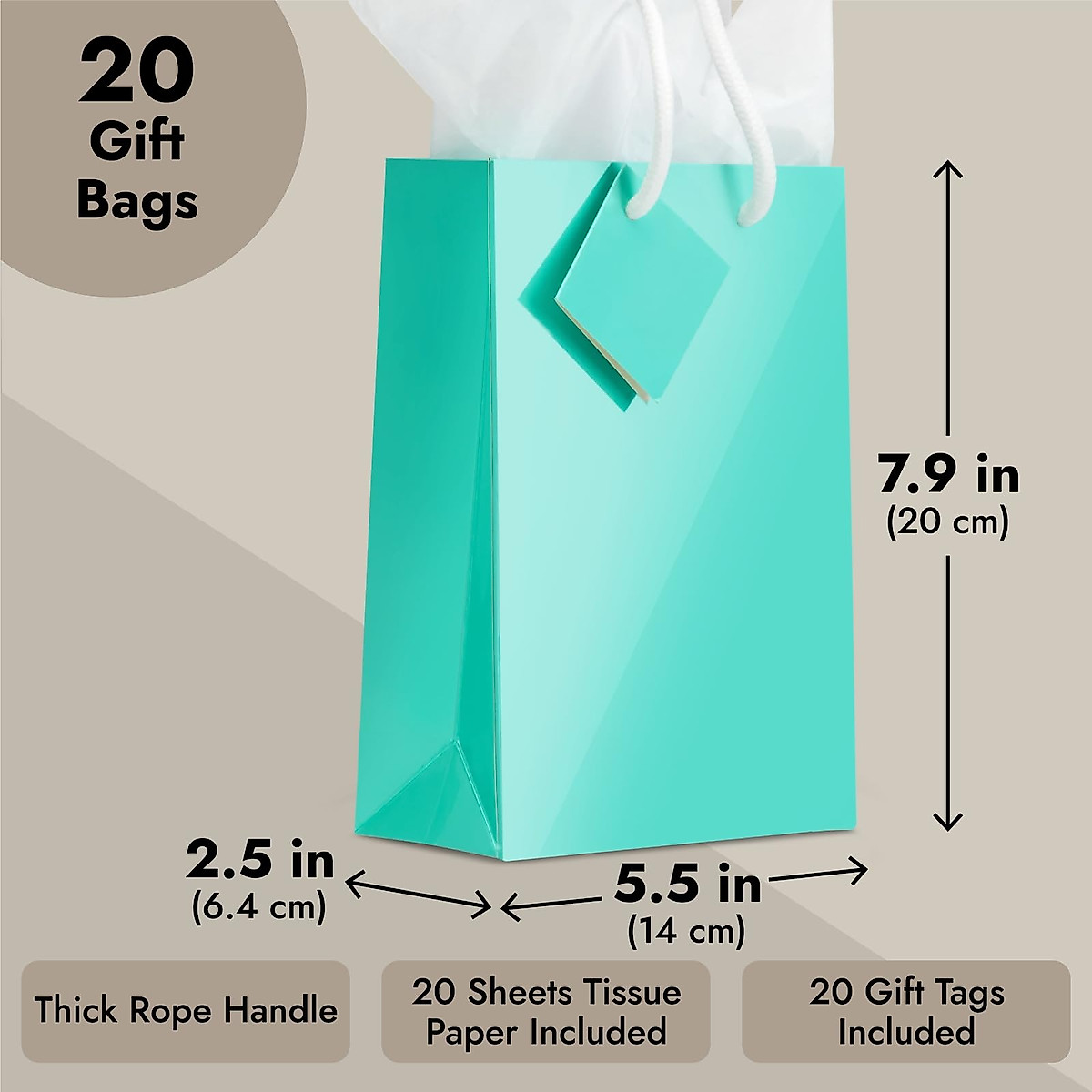 BLUE PANDA Small Teal Party Favor Gift Bags with Handles, Tissue Paper (5.5 x 7.9 In, 20 Pack)