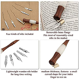 Yoption Wood Calligraphy Oblique Dip Pen Holder Set, Removable Nib Pen Handle Stand with 5 Flat Nibs Kit