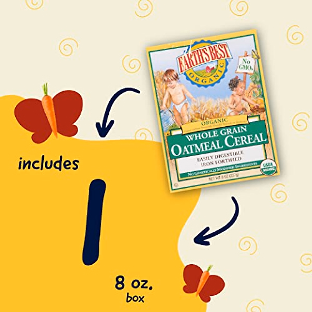 Earth's Best Organic Baby Food, Organic Whole Grain Oatmeal Baby Cereal, Non-GMO, Easily Digestible and Iron Fortified Baby Food, 8 oz Box