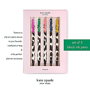 Kate Spade New York Black Ink Pen Set of 5, Cute Leopard Click Pens, Plastic Retractable Pens for Writing and Journaling, Forest Feline