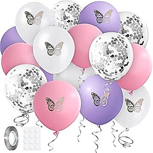 Pink Purple White Latex Balloons with 3D Butterfly, 62pcs 12 Inch Light Pink Purple Balloons with Ribbon for Girl Birthday Decorations (PinkSilver)