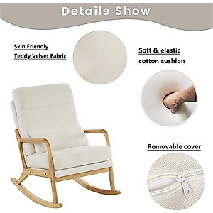 pazezog Rocking Chair,High Back Mid-Century Modern Accent Chair,Nursery Rocking Chair with Wooden Armrest,Upholstered Glider Rocker with Lumbar Pillow for Living Room