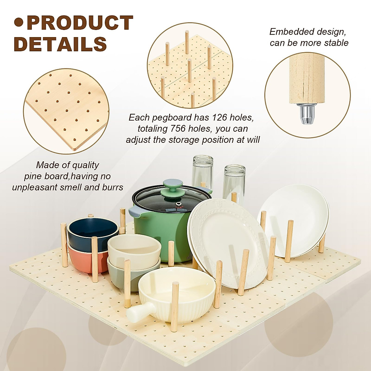 Kigley 6 Pcs Wood Pegboard Drawer Organizer with 48 Pegs Wood Peg Board System Peg Drawer Organizers for Dishes Drawer Plate Organizer Kitchen Pegboard for Food Containers (Wood,20.98x5.91)