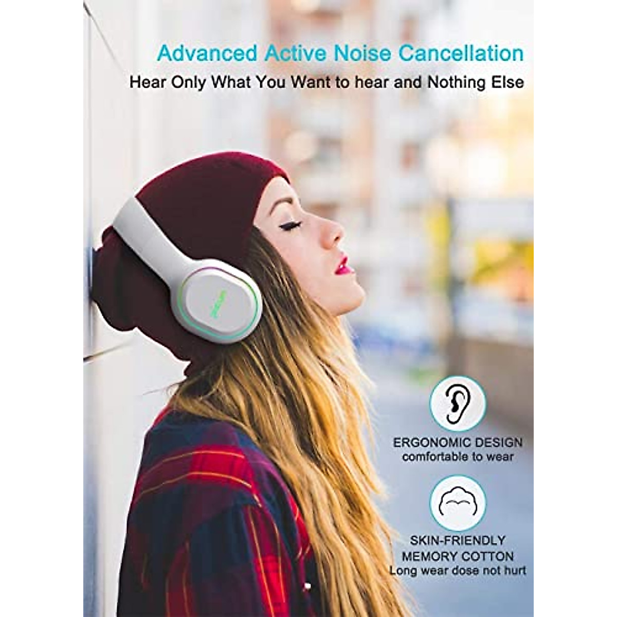 Jassco Wireless Headphones, Noise Cancelling Over-Ear Bluetooth Headphone with Microphone, 54H Playtime, HiFi Stereo, Deep Bass Foldable Wireless Headset with Soft Earmuffs for Travel/Work- White