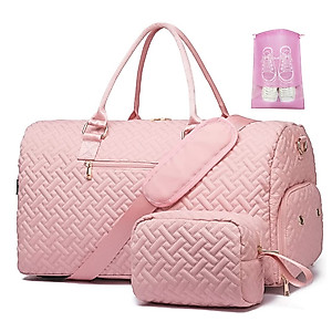 Duffle Bag for Travel, Weekender Bag with Shoe Compartment, Carry On Overnight Bag for Women with Toiletry Bag, Gym Bag with Wet Pocket, Hospital Bags for Labor and Delivery Pink