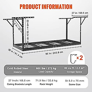 VEVOR Overhead Garage Storage Rack, 3x8 Garage Ceiling Storage Racks, Heavy Duty Adjustable Cold Rolled Steel Racks for Garage Storage, Organization, 600 lbs Load Capacity, 22''-40" (Black)