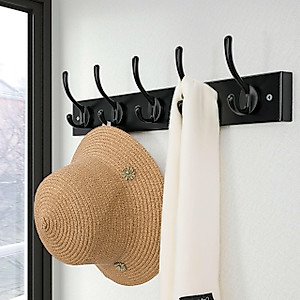 Dseap Wall Mounted Coat Rack: 16" Hole to Hole, Coat Hook Hanger with 5 Metal Hooks for Hanging Coats Towels Hats Clothes, Black