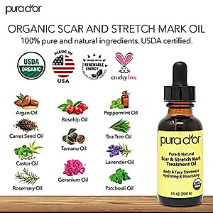 PURA D'OR Organic Scar & Stretch Mark Treatment Oil (1oz) For Skin - With Rosehip, Wheat Germ, Argan, Tamanu, Carrot, Rosemary, Lavender, Geranium, Patchouli, Sage
