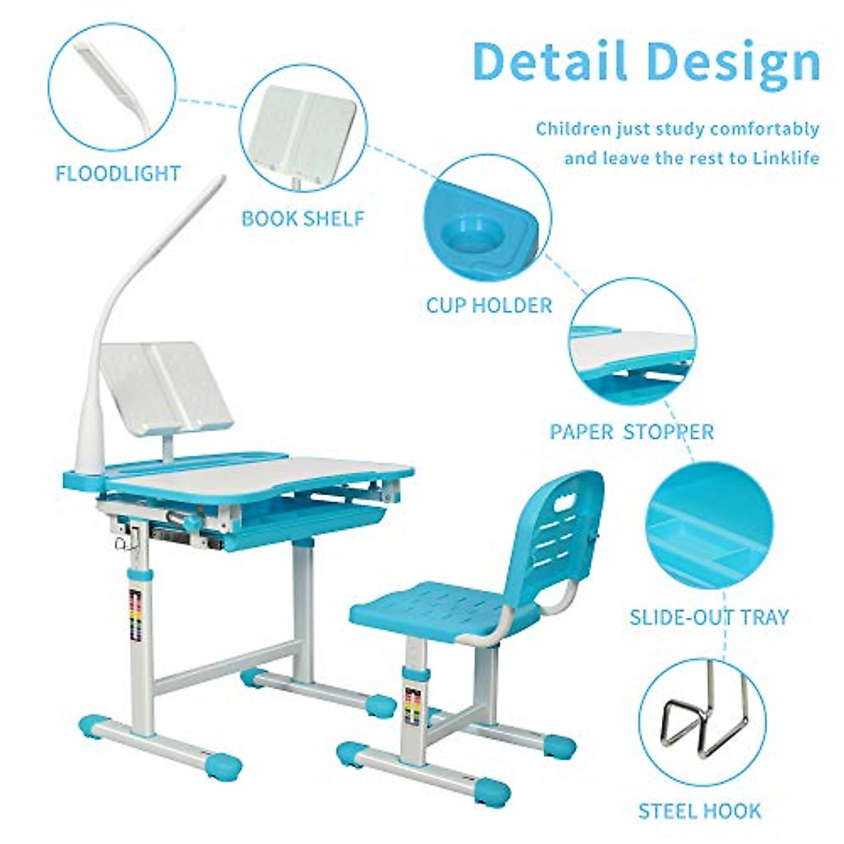Gowxil Kids Study Desk and Chair Set, Multi Functional Height Adjustable Children School Study Desk with Tilt Desktop, Bookstand, LED Light, Metal Hook and Storage Drawer for Boys Girls, Blue