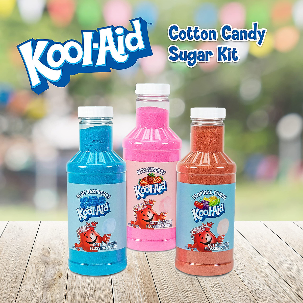 Nostalgia Kool-Aid Flossing Party Kit (3-Pack) | Blue Raspberry, Strawberry, Tropical Punch | 3 16oz Bottles of Cotton Candy Sugar Mix | 96 Small to Medium Cone Servings, 16 Ounces