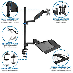 MOUNT-IT! Sit Stand Monitor Desk Mount [Fits 32" Screens] Height Adjustable, Full-Motion Articulating Arm with Keyboard Tray and Cable Management (Black)