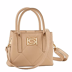 bebe Womens Gio Quilted Faux Leather Satchel Handbag Beige Small