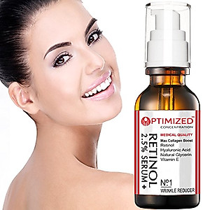 Retinol Serum 2.5% with Hyaluronic Acid, Glycerin, Vitamin E - Reduce Wrinkles, Fine Lines, Even Skin Tone, Sun Spots, Age Spots - Boost Collagen Production 1 fl oz - OPTIMIZED LAB Guaranteed