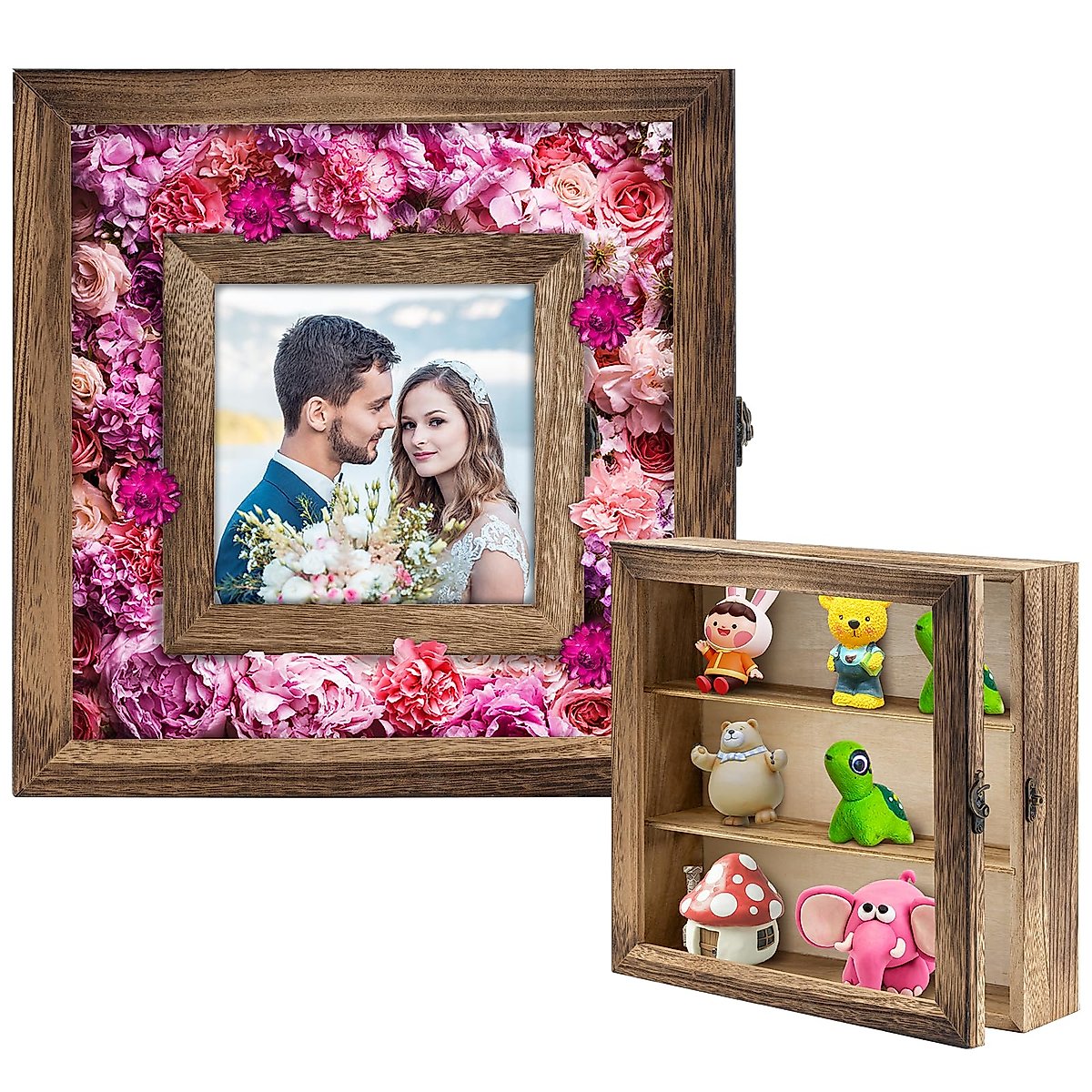 Wedding Gift Shadow Box Kit, 11” x 11” and 6” x 6” Wooden Shadow Boxes, Desktop Display Case with Transparent Lid, Wall Hanging Shadow Box Frame, Memory Box for Photos, Figurines, Jewelry, Tickets