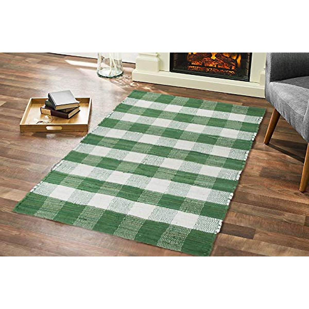 GLAMBURG Cotton Buffalo Check Plaid Rugs Washable, Handwoven Checkered Rug Welcome Door Mat 22x34 Rug for Kitchen Bathroom Outdoor Porch Laundry Living Room, Farmhouse Reversible Rag Rug Green White