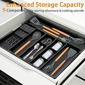 Homecor Utensil Drawer Organizer, Large Expandable Silverware Organizer for Kitchen Drawer, Cooking Utensils Tray Cutlery Flatware Holder with Removable Knife Blocks, Kitchen Gadgets Storage, Black
