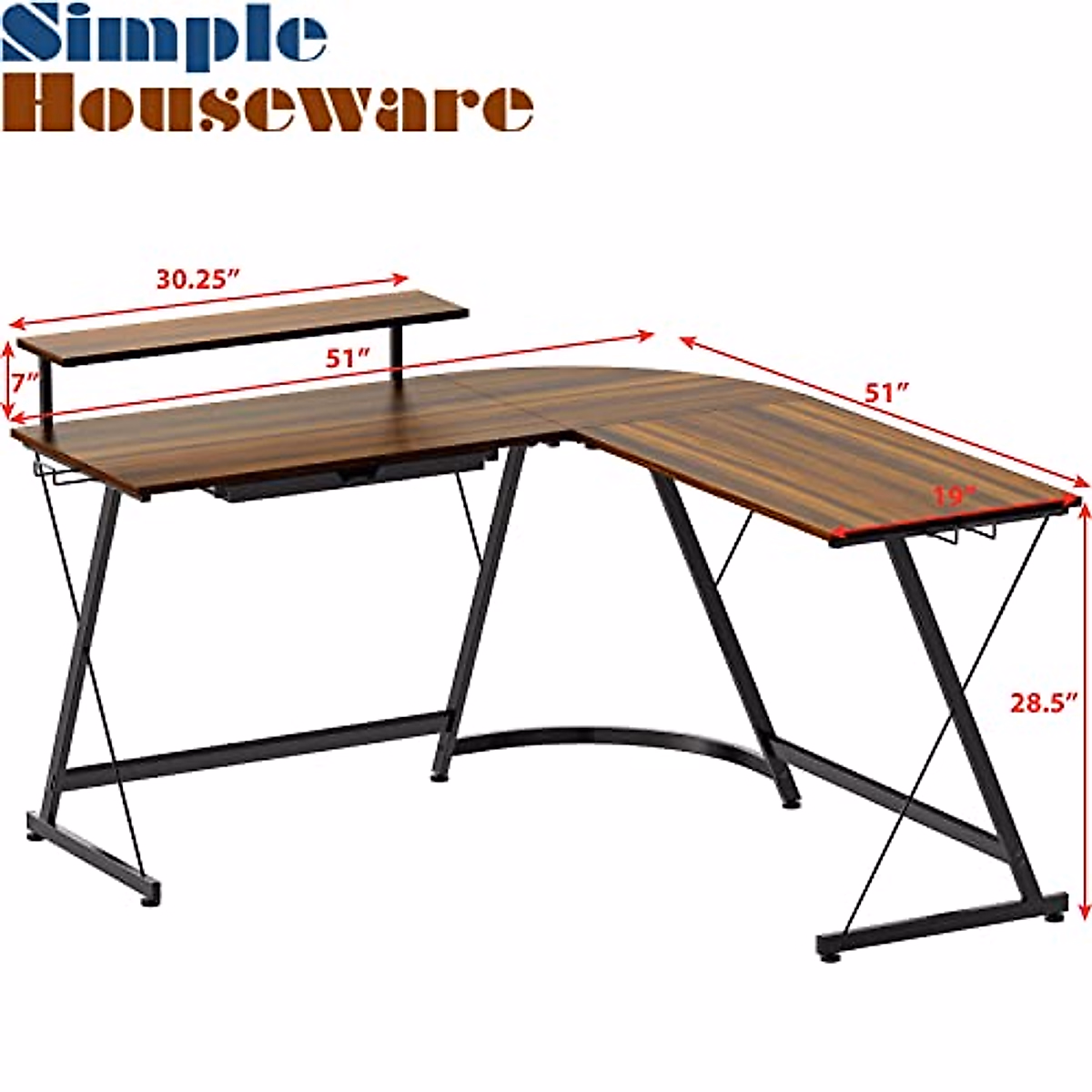 SHW Vista L-Shape Desk with Monitor Stand, Walnut